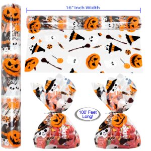 AnapoliZ Halloween Cellophane Wrap Roll | 100’ Ft Long X 16” in. Wide | 2.3 Mil Thick, Crystal Clear with Halloween Designs| Gifts, Baskets, Treats Cello Wrapping Paper | Pumpkin, Witches Cello Roll