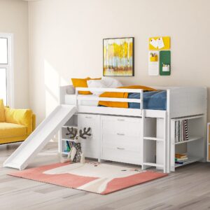 harper & bright designs twin loft bed with slide and storage, solid wood low loft bed with attached bookcases and separate 3-tier drawers, for kids girls boys (white)