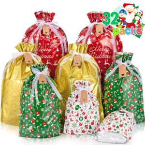 tiblue christmas drawstring gift bags - 32 pcs stand up xmas bags with tags holiday gift bags assorted sizes for christmas decorations small medium large santa wrapping bag for treat, goodies, party