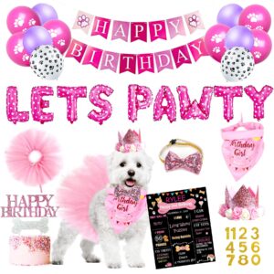 dog birthday party supplies, dog birthday decorations girl, lets pawty balloons banner, hat bandana tutu skirt for small medium girl dogs