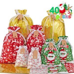 asoulin christmas drawstring gift bags with tags - 40 pcs christmas gift bag assorted size large medium small foil gift wrapping bag for birthday, goodies, xmas holiday party favor decoration supplies