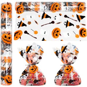 anapoliz halloween cellophane wrap roll | 100’ ft long x 16” in. wide | 2.3 mil thick, crystal clear with halloween designs| gifts, baskets, treats cello wrapping paper | pumpkin, witches cello roll