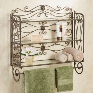 touch of class kadalynn wall bathroom shelf with towel bar - antique bronze - handcrafted metal - decorative storage - mounted rack organizer - 3 shelves - 24 inches high