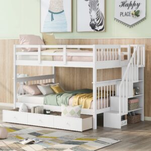 harper & bright designs full over full bunk beds with storage drawers and stairs wood bunk bed frame for kids boys girls teens, white