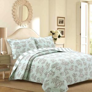 cozy line home fashions vintage cottage garden toile mint green 100% cotton reversible girl quilt bedding set, coverlet, bedspread (garden toile, king - 3 piece)