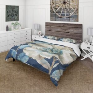 designq indigold watercolor flower i traditional duvet cover set, blue duvet cover set king, floral bedding set of 3 pieces, all season traditional bedding sets king