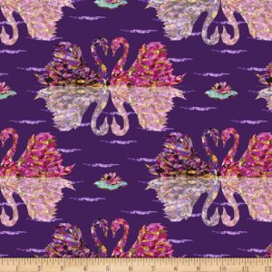 swan lake digital swans purple, fabric by the yard