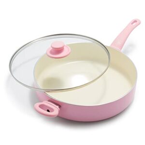 greenlife soft grip healthy ceramic nonstick, 5qt saute pan jumbo cooker with helper handle and lid, pfas-free, dishwasher safe, pink