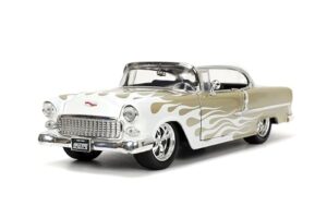 big time muscle 1:24 1955 chevy bel air die-cast car, toys for kids and adults(white/gold flames)