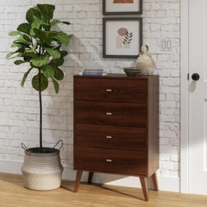 Prepac Milo Mid-Century Modern 4 Drawer Chest of Drawers, Contemporary Bedroom Furniture, Small Dresser for Bedroom, 18.25"D x 26.5"W x 41"H, Cherry