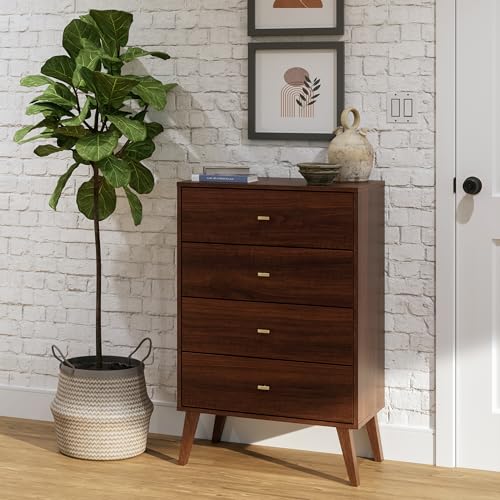 Prepac Milo Mid-Century Modern 4 Drawer Chest of Drawers, Contemporary Bedroom Furniture, Small Dresser for Bedroom, 18.25"D x 26.5"W x 41"H, Cherry