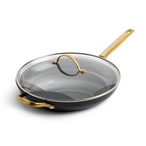 greenpan reserve hard anodized healthy ceramic nonstick 12" frying pan skillet with helper handle and lid, gold handle, pfas-free, dishwasher safe, oven safe, black