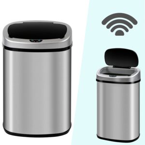 hgs touch free trash can brushed stainless steel garbage cans automatic waste bin 13 gallon with lid, touchless sensor bins for kitchen bathroom bedroom home office, 50l, silver