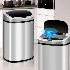 13 gallon trash can kitchen garbage can, touch-free automatic stainless steel trash can with lid oval shape garbage bin 50l high-capacity metal trash can for bathroom bedroom home office, sliver