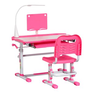 qaba kids desk and chair set, height adjustable school study table and chair, student writing desk with tilt desktop, led light, pen box, drawer, reading board, cup holder, and pen slots, pink