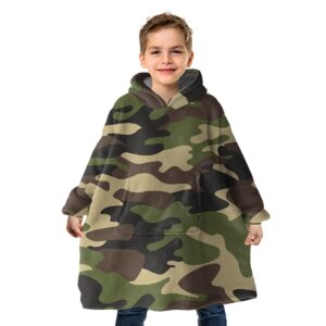 sleepwish brown green camo wearable blanket for teen girls boys,super soft warm cozy cute hoodie for kids, reversible sherpa pullover with pocket and sleeves,28x27