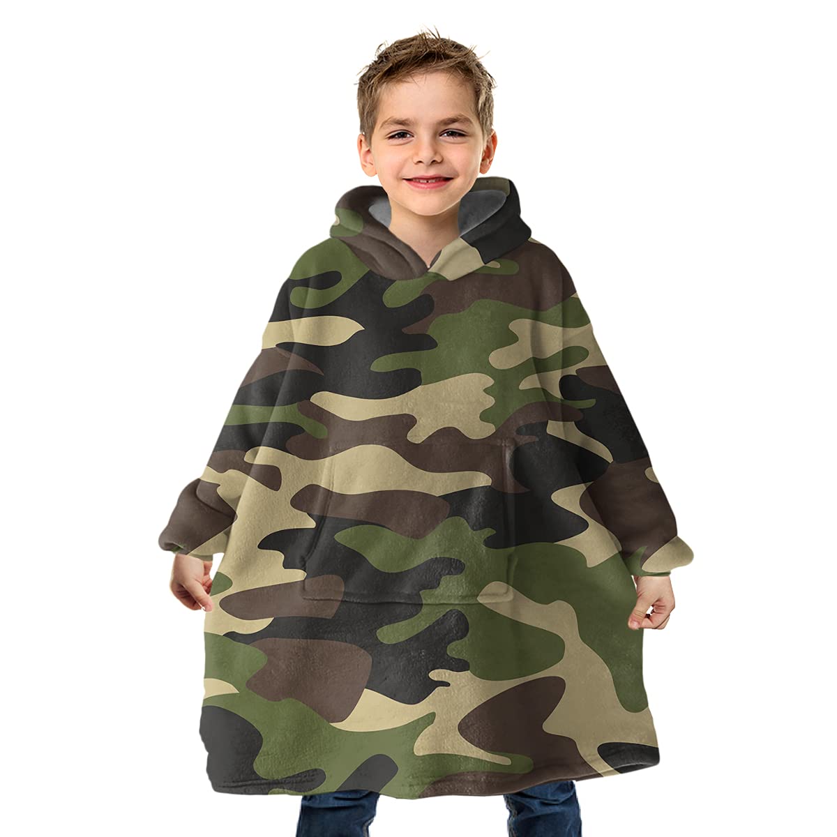 Sleepwish Brown Green Camo Wearable Blanket for Teen Girls Boys,Super Soft Warm Cozy Cute Hoodie for kids, Reversible Sherpa Pullover with Pocket and Sleeves,28x27