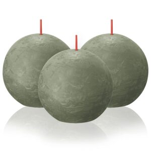 bolsius 3 pack fresh olive rustic ball pillar candles - 3 inch - premium european quality - includes natural plant-based wax - unscented dripless smokeless 25 hour party décor and wedding candles