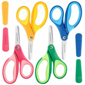 huhuhero kids scissors, 5'' safety toddler scissors blunt tip with cover, 4 pack kid scissors classroom bulk, small child scissors for kid age 4-7 8 9 craft art supplies, assorted colors