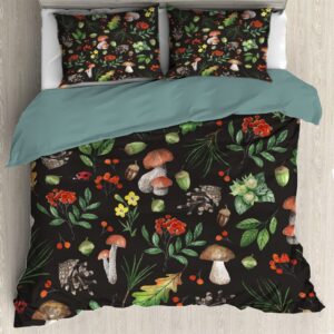 darani dark wild forest mushrooms duvet cover queen 90 x 90 in ultra soft washed microfiber comforter cover sets 3 pieces (1 duvet cover + 2 pillow shams)