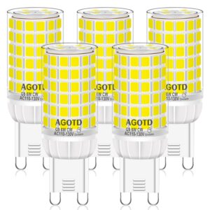 agotd g9 led bulb 6w, dimmable daylight white 6000k, 658lm led light bulb, t4 40w 50w 60w halogen replacement g9 bi pin base, no-flicker, chandelier lighting, 5 pack