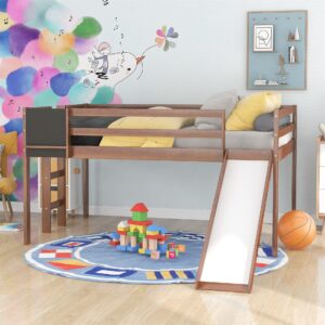 full loft bed with slide for kids wood low loft bed with ladder and chalkboard, kids loft bed frame for living room bedroom, guest room (full size, white)