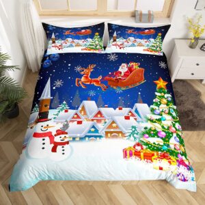 manfei christmas duvet cover set queen size, snowman xmas tree print comforter cover santa claus with reindeer bedding set 3pcs for kids girls new year theme bedspread cover,2 pillowcases,no comforter