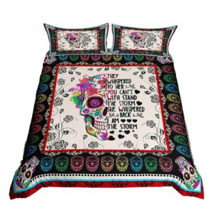 bohemian comforter cover, sugar skull flower bedding sets, skeleton floral duvet cover set, with inspirational quote pastoral bedspreads cover queen size 3 pieces bedroom home decor for men and women