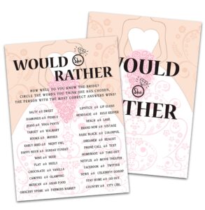 huastatewolf bridal shower game cards, would she rather game, brid with holding flowers pink engagement party cards for wedding, set of 30 cards(dress003)