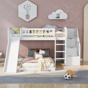 harper & bright designs twin over twin bunk beds with slide and stair, solid wood low bunk bed with storage drawers and guardrails for kids teens bedroom, guest room furniture (no box spring, white)