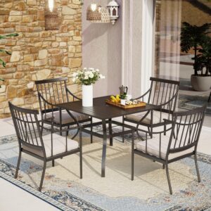 mfstudio 5 pieces metal patio dining set, outdoor furniture set with 1 x square metal table and 4 x high-back arm chairs with cushion (black)