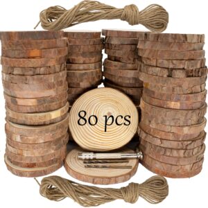 unfinished natural wooden slices 80 pcs 3.2-4 inch wood circles for crafts diy christmas ornament craft wood kit with bit,blank round wood slice with bark for art,painting,party (80)