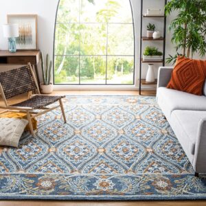 safavieh blossom collection area rug - 9' x 12', navy & yellow, handmade wool, ideal for high traffic areas in living room, bedroom (blm605n)