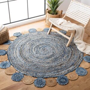 safavieh cape cod collection 4' round blue/beige cap201c handmade boho braided jute & cotton entryway foyer living room bedroom kitchen area rug