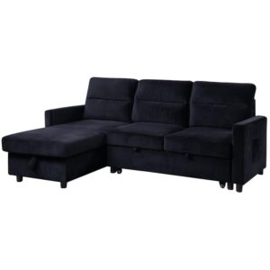 bowery hill black velvet reversible/sectional sleeper sofa with storage chaise