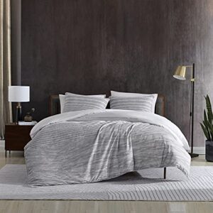 kenneth cole new york - queen duvet cover set, reversible cotton bedding with matching shams, modern home decor (abstract stripe grey, queen)