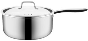 nuwave tri-ply stainless steel sauté pan with lid, even-heating technology, 18/10 deep&heavy-duty construction, no ptfe pfoa pfos, 10 -yeär wärranty(5qt)