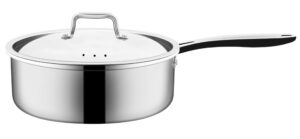 nuwave tri-ply stainless steel sauté pan with lid, even-heating technology, 18/10 deep&heavy-duty construction, no ptfe pfoa pfas,10 -yeär wärranty(3qt)