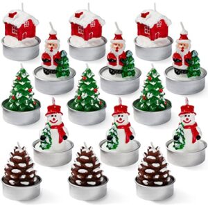 the twiddlers 15 mini christmas unscented tea light candles in 5 assorted designs (xmas tree, santa, snowman, pinecone, festive home) 2.5 hours ideal for home decor, dinner tablle, parties