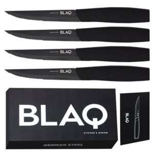 blaq steak knives set of 4, german stainless steel serrated steak knives with ergonomic handles - dishwasher safe steak knife set - high carbon matte black steak knives with gift box