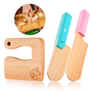 3 pieces wooden kids knife set wooden kids knife for cooking children's safe knifes serrated edges kids knife cute kids shape kitchen tools for cutting veggies fruits salad cake (unicorn style)