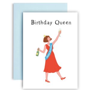 huxters ‘birthday queen’ a5 happy birthday card for her - sassy and unique gifts for her - includes envelope - fun slogan illustrated greetings card, fsc certified paper