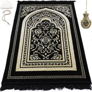 modefa turkish islamic velvet prayer rug - thick wide soft prayer carpet - men & women - large prayer mat - eid & ramadan gift - with kufi cap beads & car hanger - double plush floral black