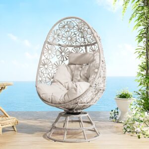 ulax furniture wicker egg chair, nest basket indoor/outdoor lounger for patio, backyard, living room, swivel egg chair with cushion (beige)