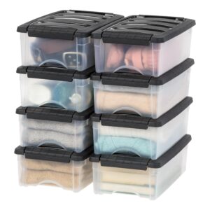 iris usa 6 qt stackable plastic storage bins with lids, 8 pack - bpa-free, made in usa - see-through organizing solution, latches, durable nestable containers, secure pull handle - clear/black