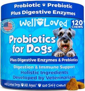 well loved probiotics for dogs, dog probiotics and digestive enzymes, made in usa, vet developed, dog probiotic chews with prebiotics, diarrhea treatment, for itchy skin, gut health & gas relief