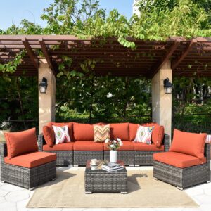 xizzi patio furniture sectional sofa with glass table 7 piece outdoor patio furniture sets all weather wicker rattan couch, backyard patio conversation sets (orange red)