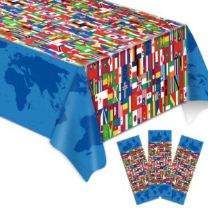 3 pieces international flag tablecover world flag party tablecloth decorations disposable plastic table cover birthday party decor supplies favors outdoor indoor