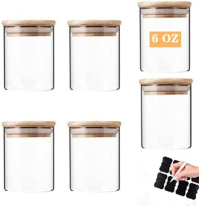 vkzylife glass jars with bamboo wooden airtight lids 6oz 10oz spice jars food storage containers for home kitchen, tea, salt, pepper, spices, coffee, herbs, grains (6 oz, 6 pcs)