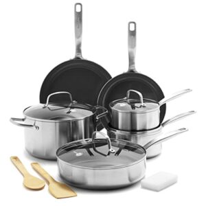 greenpan chatham tri-ply stainless steel healthy ceramic nonstick 12 piece cookware pots and pans set, pfas & pfoa-free, multi clad, induction suitable, dishwasher safe, oven & broiler safe, silver